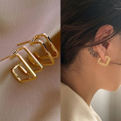 双层几何方形耳环不规则方块耳饰