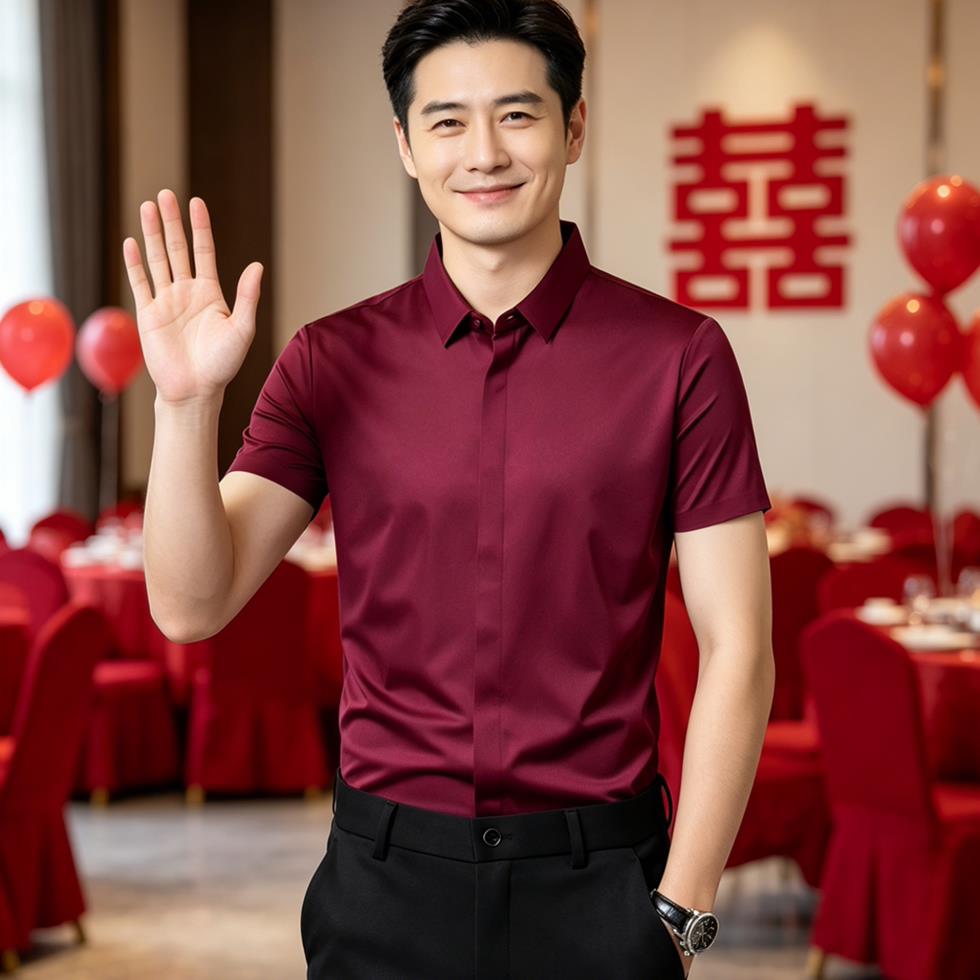 2026新款喜爸爸婚宴装平时可穿喜公公衬衫夏季短袖男士暗门襟衬衫