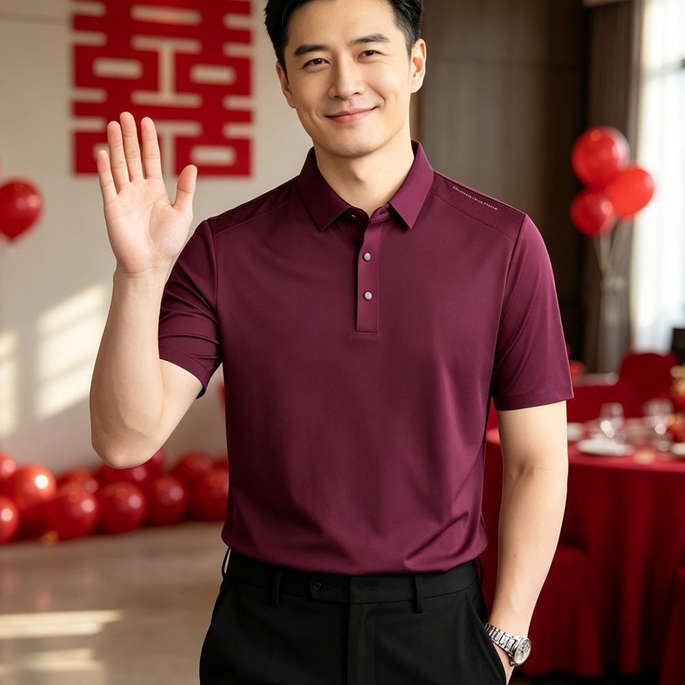 喜爸爸公公婚宴装平时可穿T恤2026新款夏季短袖彷真丝冰丝Polo衫