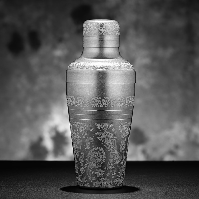 日式不锈钢蚀刻男爵调酒器三w段式雪克壶调酒工具鸡尾酒摇壶雪克