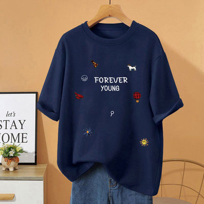 大码女装刺绣短袖t恤女夏欧货高端胖MM2026新款宽松蓝色圆领半袖