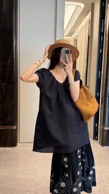 摩登mdeng韩系简约V领苎麻短袖女2026夏季宽松显瘦中长款衬衫H300
