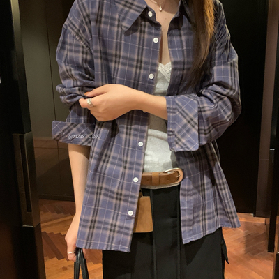 MZI STUDIO-低饱和格纹口袋钮扣薄款外搭衬衫时尚女衬衫)157909#