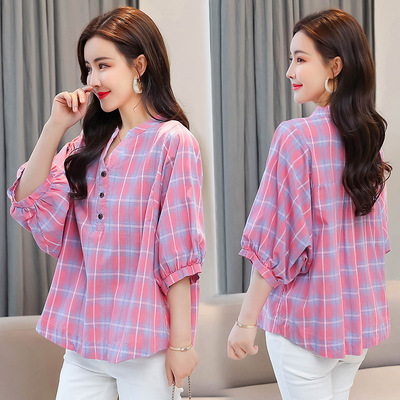 棉茧 五分袖蓝色格子衬衫女夏季新款宽松休闲气质纯棉V领上衣