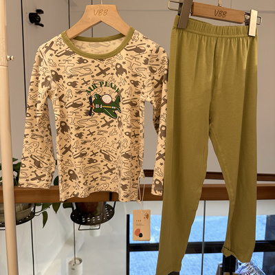 实体现货 儿童居家服 秋衣秋裤套装 飞机印花上衣搭配素色裤子