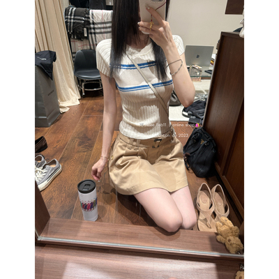 Neee Feb11古早风100莱赛尔针织短袖夏季撞色竖坑条设计上衣
