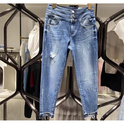 专柜直发2020夏季新款高腰破洞七