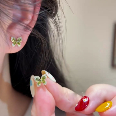 绿野仙踪绿色水晶蝴蝶耳钉耳环女