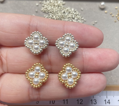 进口米珠四叶草耳钉耳环串珠成品闺蜜礼物送礼佳品