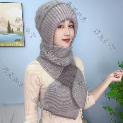 2025秋冬新款针织拼色加绒加厚帽子女百搭围脖一体防晒保暖风雪帽