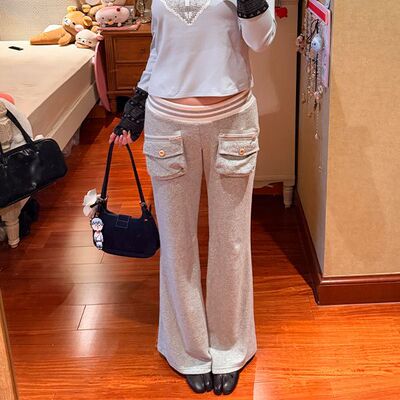 Bonheur 韩系复古休闲裤女软糯花灰色拉链包包口袋显瘦喇叭长裤