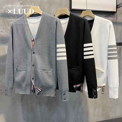 luud欧洲撞色织带针织帅气开衫