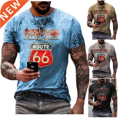 Mens T Shirts Summer Vintage America 66 Route Printed Short