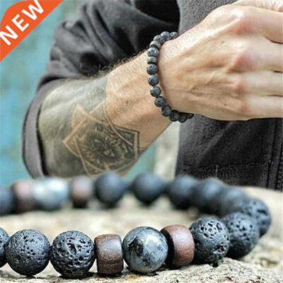 YIZIZAI Natural Lava Rock Stone Beads Strand Bracelet Wooden