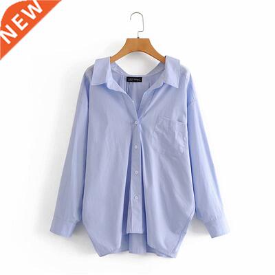 Evfer Women Casual Za Blue Loose Poplin Shirts Oversize Tops