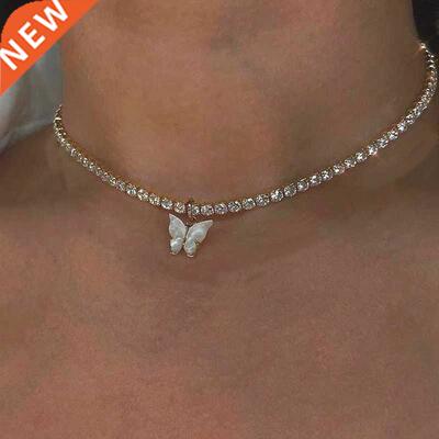 Dazzling Acrylic Butterfly Choker Necklace Rhinestone Chain