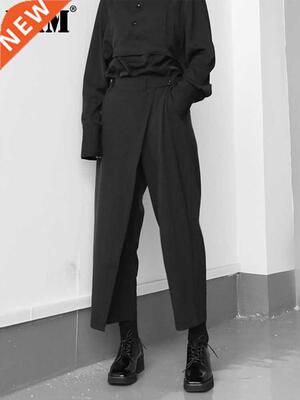 [EAM] High Elastic Waist Black Brief Pleated Long Trousers N