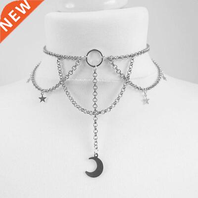 Goth Dainty Chain Crescent Moon and Stars Choker Witch Neckl