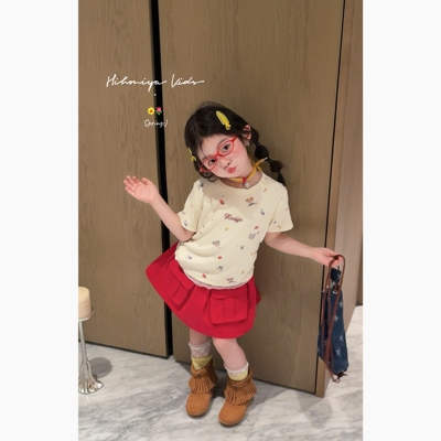 Spring韩国童装2026夏季新款亲子字母刺绣蕾丝边修身短袖女童T恤