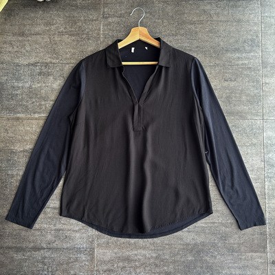 不褪换 英国the white company春秋季女翻领V领拼接长袖T恤