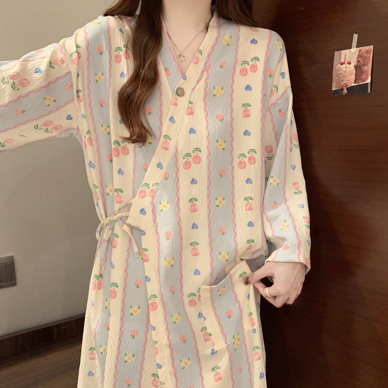 和服睡袍春秋甜美云朵棉花朵长版浴袍宽松孕妇睡衣女士睡裙家居服