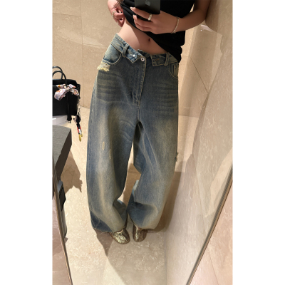 Here yaya shop 时髦精必入复古做旧水洗工艺翻边随意感牛仔裤