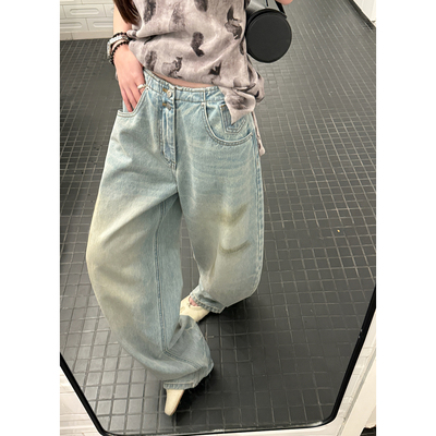 Here yaya shop 4.8私服蓝牛牛时髦松弛感定制擦色做旧工艺牛仔裤