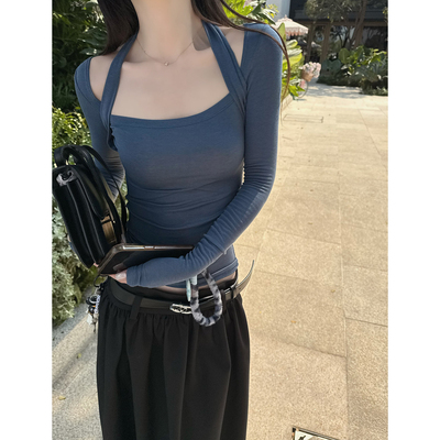 薄荷七分糖时髦松弛氛围感羊毛天丝纸片人挂脖长袖t