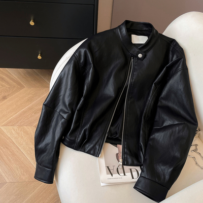 宽松酷飒风短款黑色皮衣女新款春