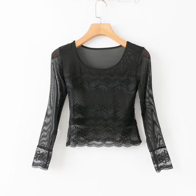 蕾丝印花短款圆领长袖套头蕾丝衫