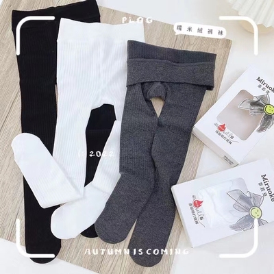 米若克25秋冬糯米绒儿童连裤袜女童薄绒加档细竖条打底裤连脚袜子