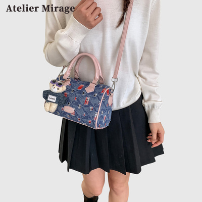 牛仔格纹复古通勤波士顿枕头包