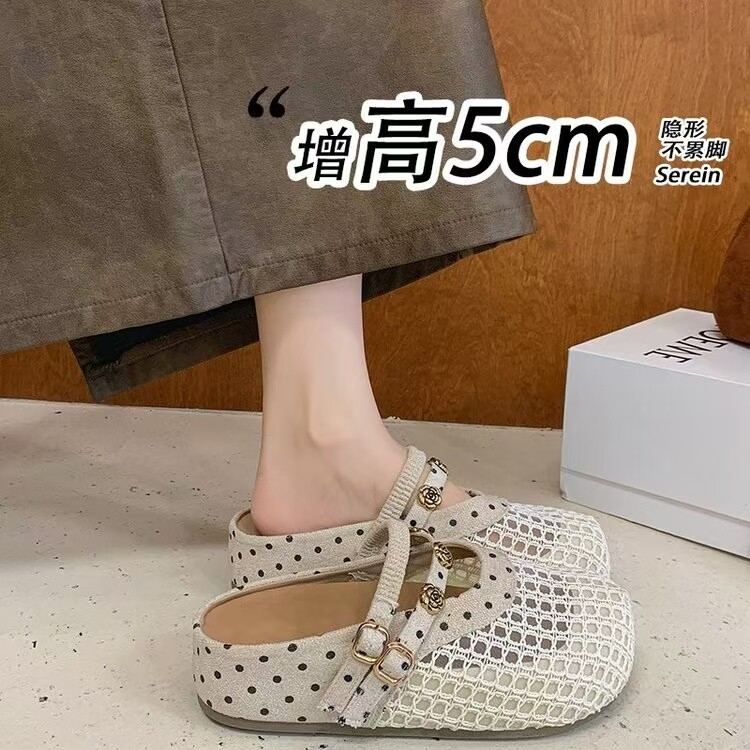 品牌厚底增高包头半拖鞋女夏外穿2026新款网面编织镂空玛丽珍凉拖