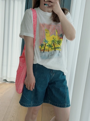 27035欧货新品椰岛风情图案圆领宽松版柔软棉质百搭T恤