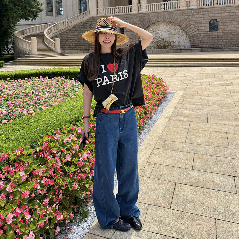 tingtings 美式廓形直筒牛仔裤女复古宽松阔腿裤高腰显瘦百搭长裤