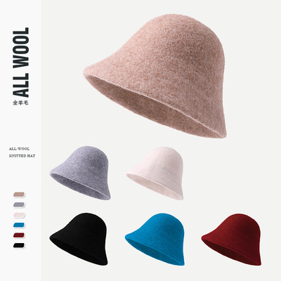 纯羊毛帽子女时尚秋冬纯色简约渔夫帽圆顶水桶帽百搭盆帽工厂批发