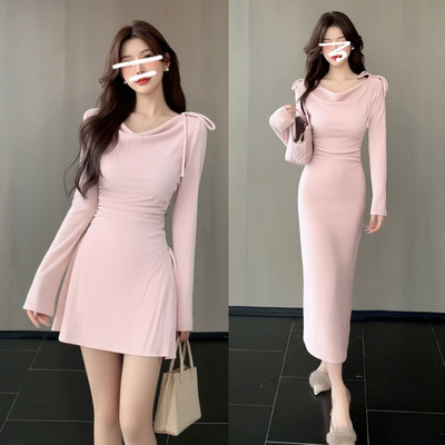 2025秋冬新款韩系温柔风荡领蝴蝶结抽褶连衣裙时尚优雅裙D3963A