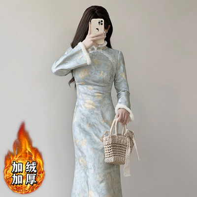 加绒加厚改良日常旗袍连衣裙2025秋冬新款长袖新中式裙子D4543