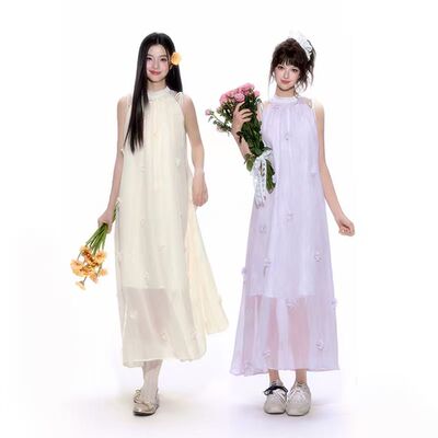 FPMZ挂脖圆领绑带立体花朵连衣裙