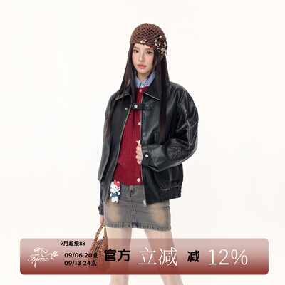FPMZ蝴蝶结绣花复古擦色皮衣翻领宽松显瘦机车甜酷夹克外套长袖