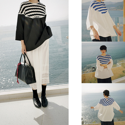 设计师原创毛织条纹拼接小衫