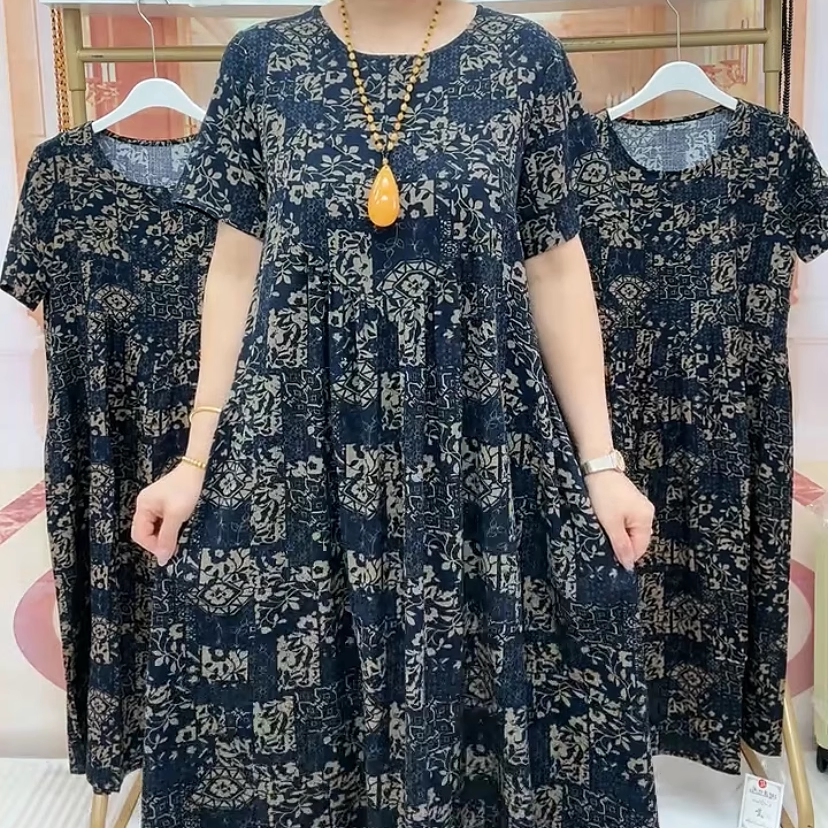 新款中国风印花双兜大版连衣裙女宽松遮肚裙子休闲通勤中老年女装