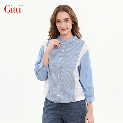 条纹印花拼接宽松大码七分袖衬衫