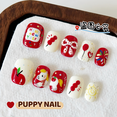 新年红可爱手绘糖葫芦穿戴甲