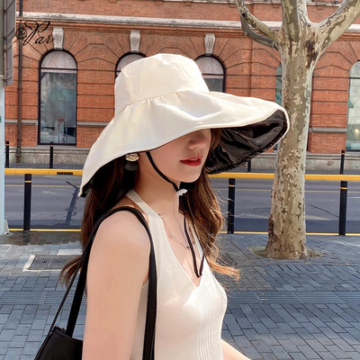 显脸小黑胶大檐防晒渔夫帽女