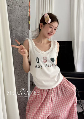 ME KAKAMEE夏新品拼接蕾丝边设计喷画KT猫休闲背心上衣女9556