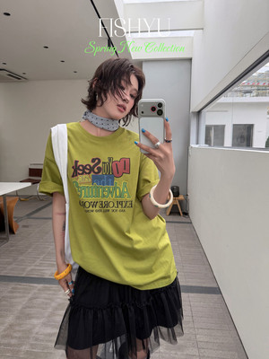 YU夏季新款美式复古撞色字母印花宽松圆领短袖T恤上衣休闲26118