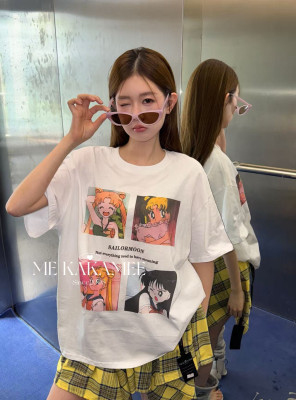 ME KAKAMEE夏新品设计感喷画美少女字母大版T恤上衣短袖T恤9278