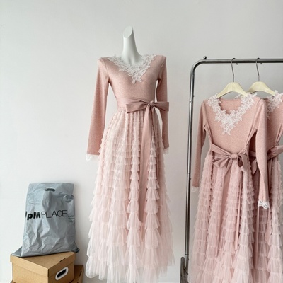 云纱雪芙 V领针织网纱蛋糕裙