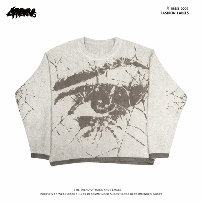 y2k hoodie~美式涂鸦风破洞针织衫圆领卫衣男女宽松长袖毛衣潮